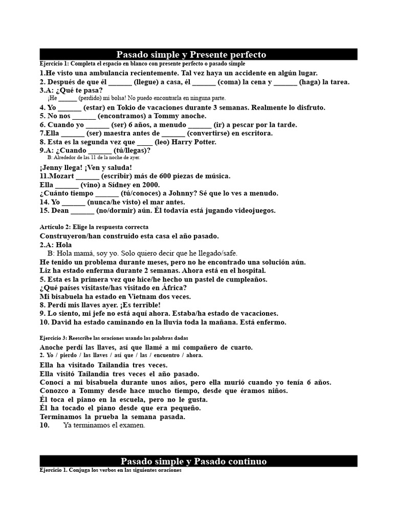 Ejercicios de Pasado Simple y Presente Perfecto | PDF
