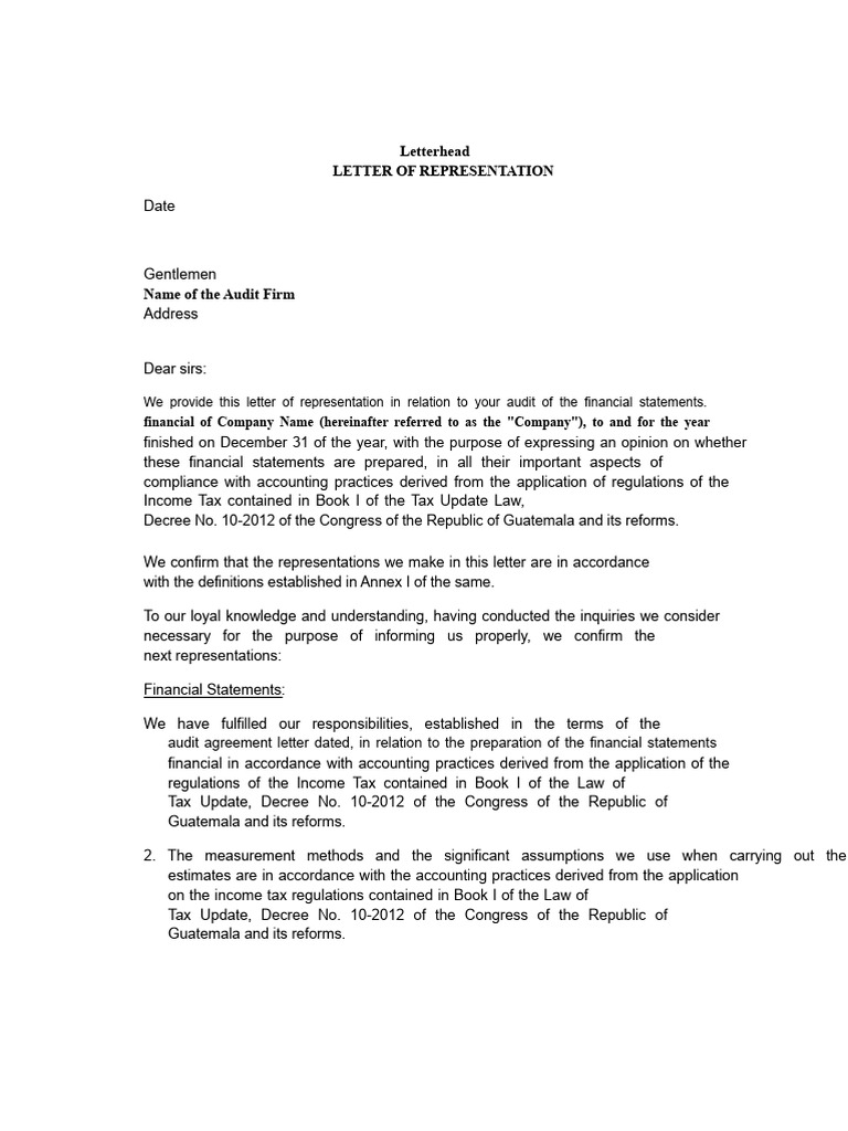 Audit Representation Letter Template | PDF | Audit | Fraud