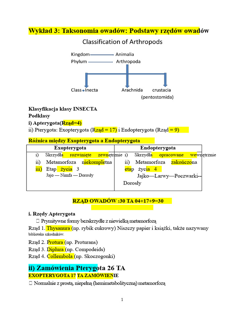 Wykład 3 Taksonomia Owadów I Podstawy Rzędów Owadów | PDF