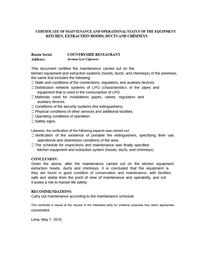 Kitchen Equipment Maintenance Certificate | PDF