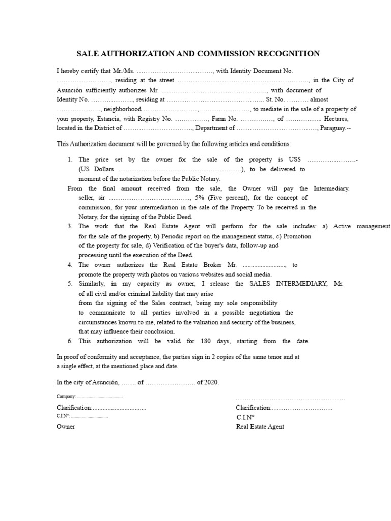 SALE AUTHORIZATION Model Commission Jorge Bogado | PDF | Intermediary ...