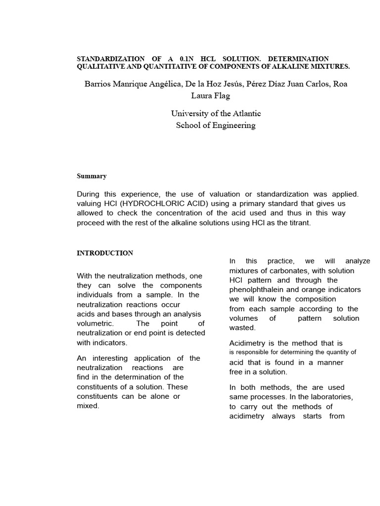 Standardization of 0.1N HCl Solution | PDF | Titration | Chemistry