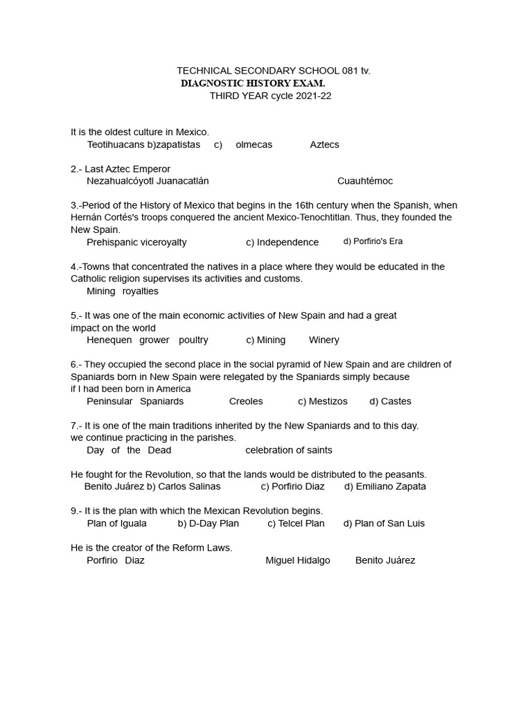 DIAGNOSTIC HISTORY EXAM 3rd | PDF