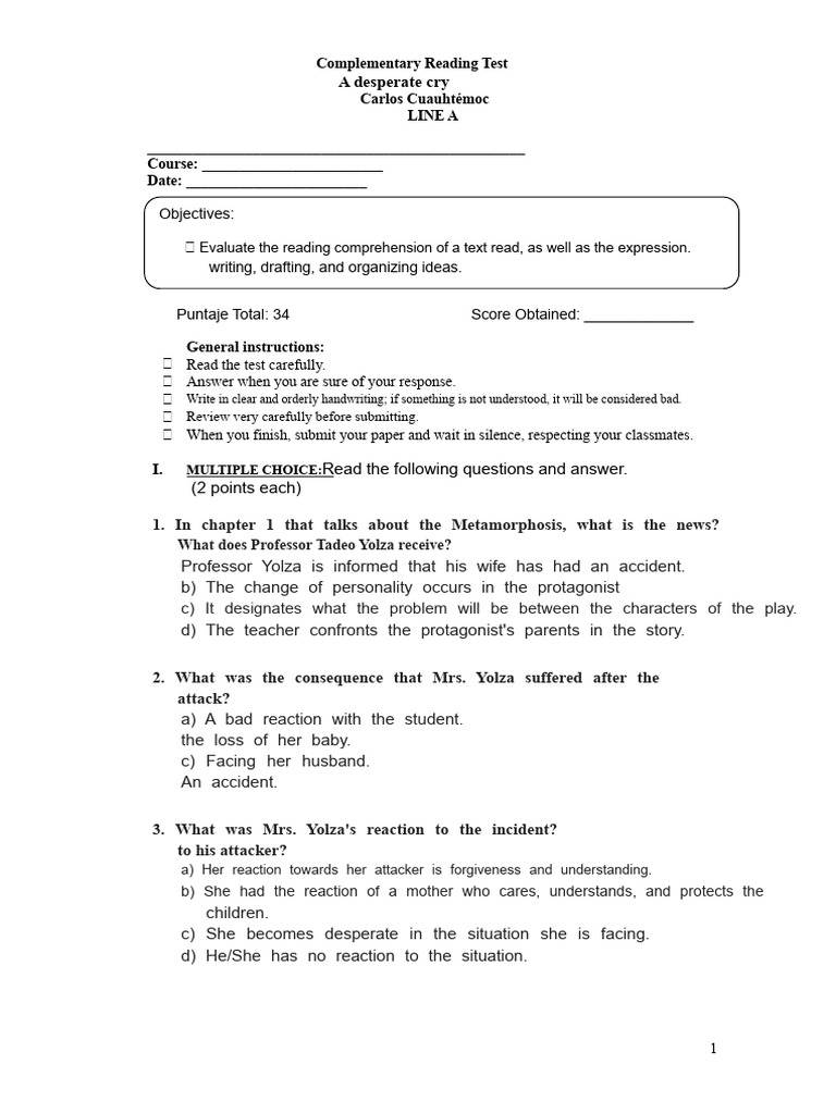 Test A Desperate Scream Carlos | PDF | Multiple Choice | Reading ...
