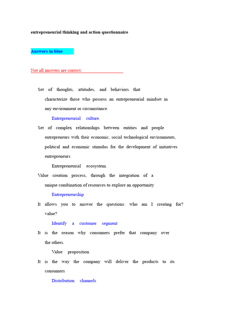 Entrepreneurial Mindset Questionnaire | PDF | Entrepreneurship ...
