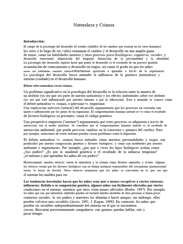 Naturaleza vs. Crianza en Desarrollo Infantil | PDF | Naturaleza versus ...