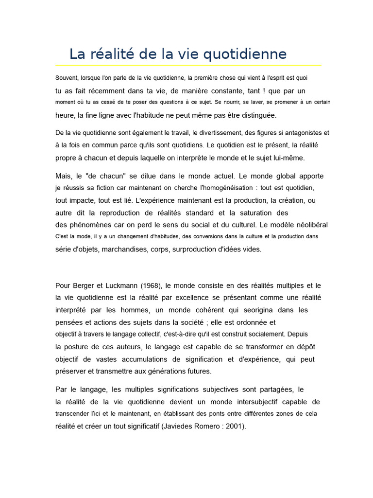 Comprendre la Vie Quotidienne Moderne | PDF | Réalité | Enseignement ...