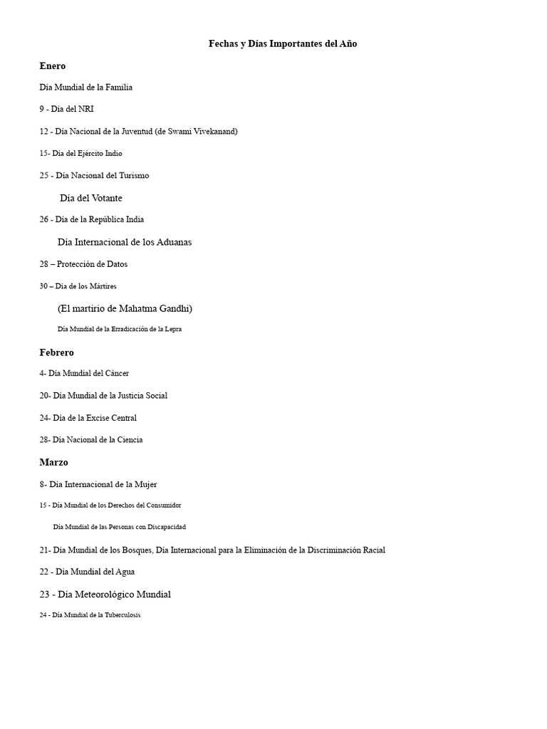 Fechas y Días Importantes Del Año | PDF