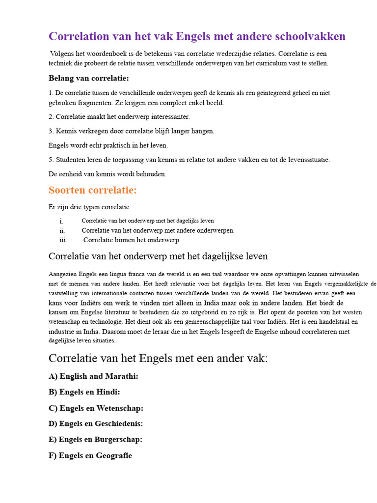 De Correlatie Van Het Vak Engels Met Andere Schoolvakken | PDF