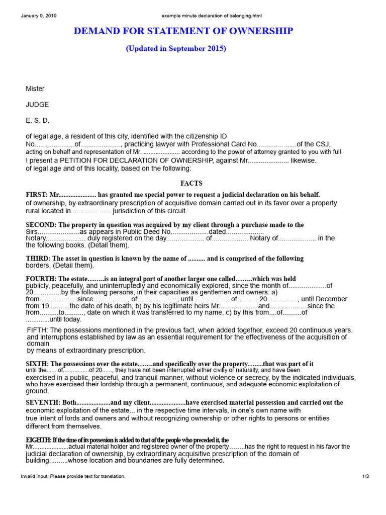 Petition for Declaration of Ownership | PDF | Property | Ownership