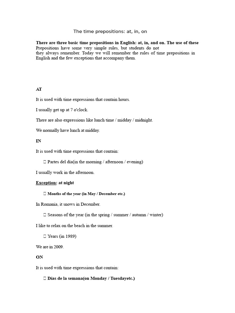 EXERCISES Review of The Prepositions At, In, and On | PDF | Lunch | Easter