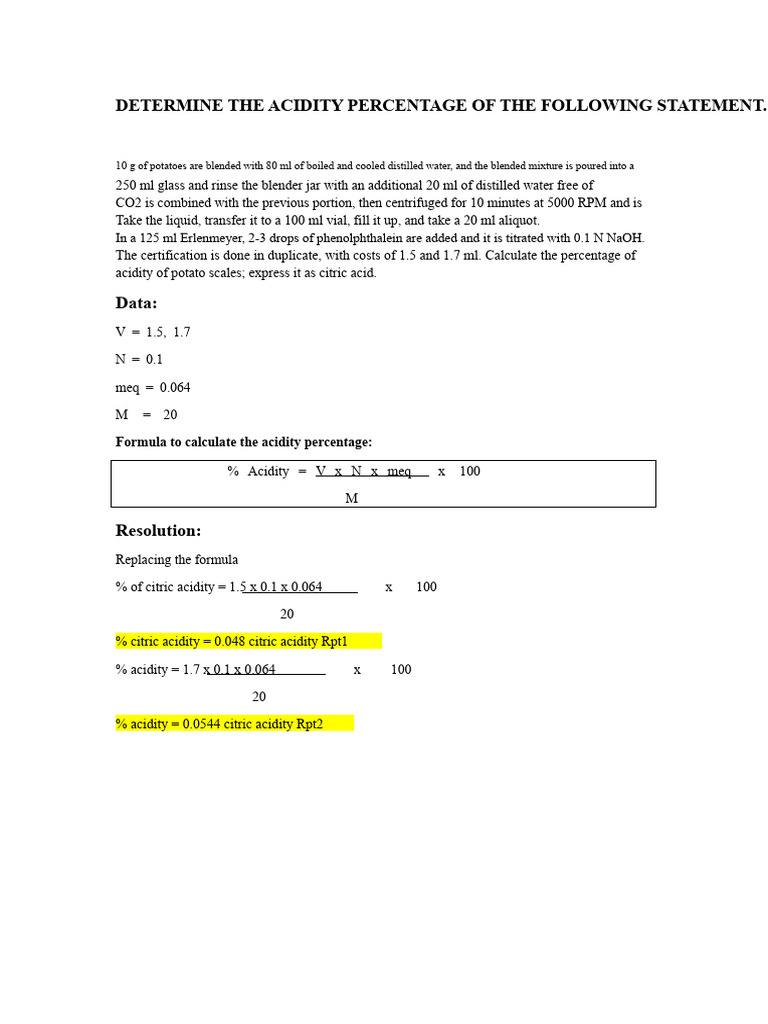 Determine the Acidity Percentage of the Following Statement | PDF