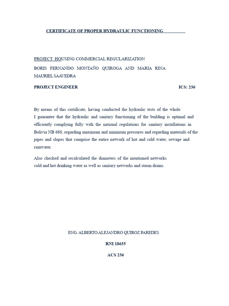 Certificate of Correct Hydraulic Operation | PDF