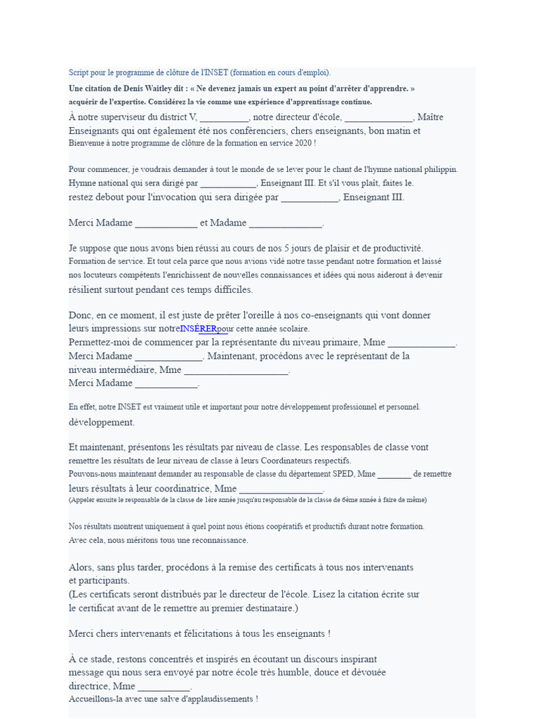 Script Pour Le Programme de Clôture de L'inset | PDF