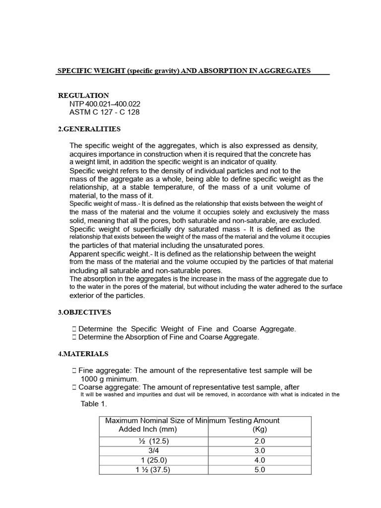 Specific Weight and Absorption of Aggregates | PDF