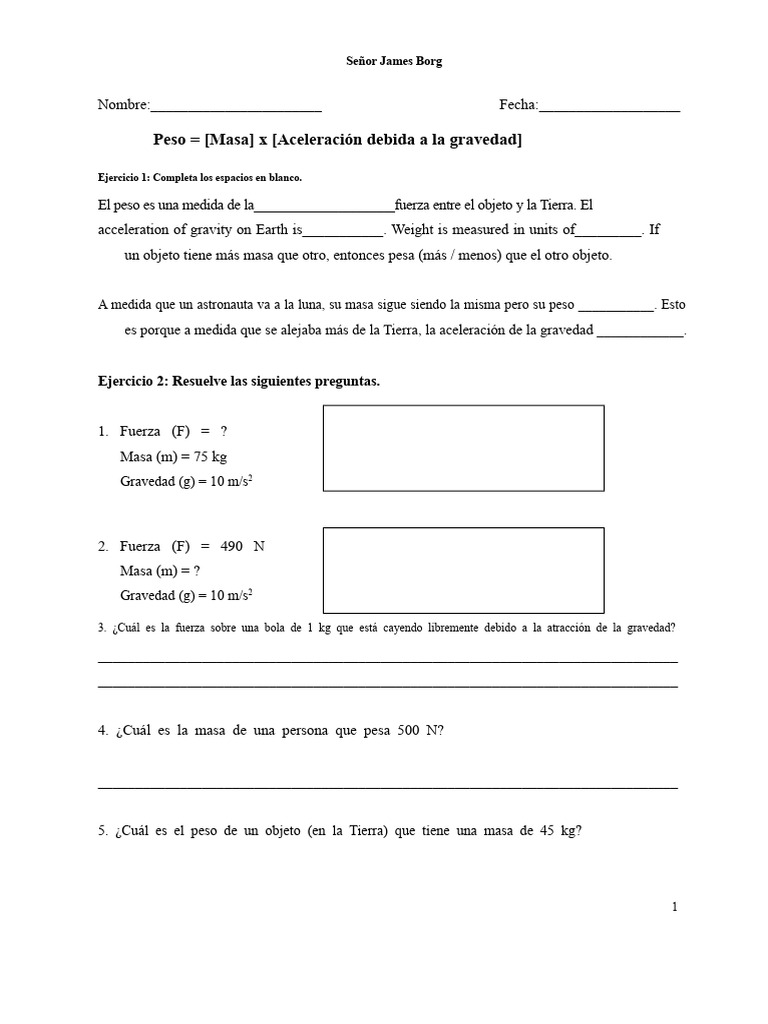 Hoja de Trabajo - Peso Masa X Aceleración Debida A La Gravedad | PDF ...