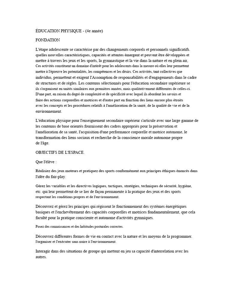 Éducation Physique 4e Année : Objectifs et Contenus | PDF | Éducation ...