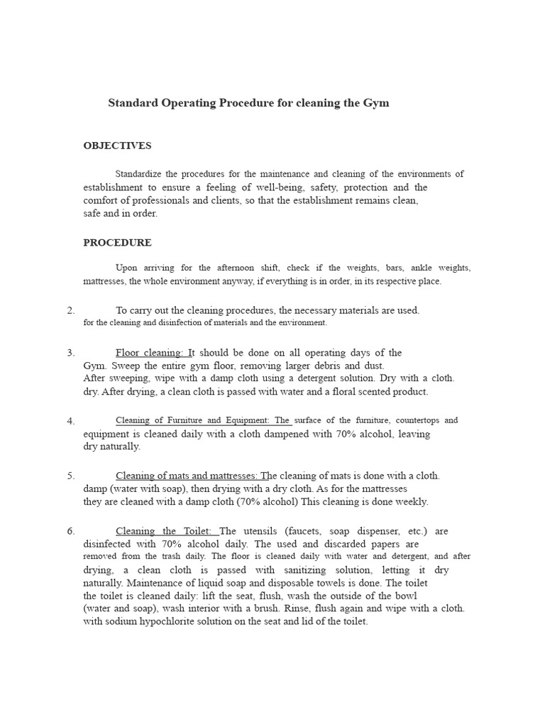 Standard Operating Procedure For Cleaning The Gym | PDF | Toilet | Waste