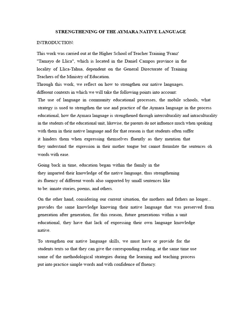 STRENGTHENING OF THE AYMARA NATIVE LANGUAGE Essay | PDF | Teachers ...