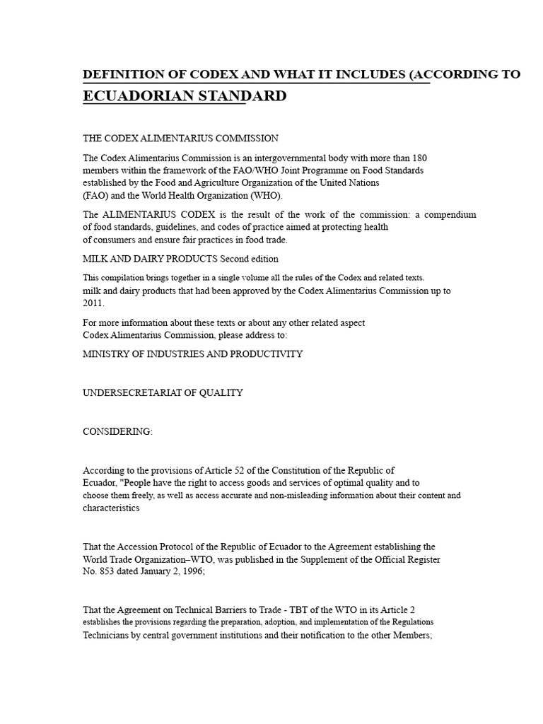 Codex Alimentarius: Ecuador Dairy Standards | PDF | Milk | Dairy