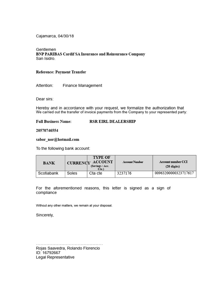 Payment Transfer Authorization Letter | PDF