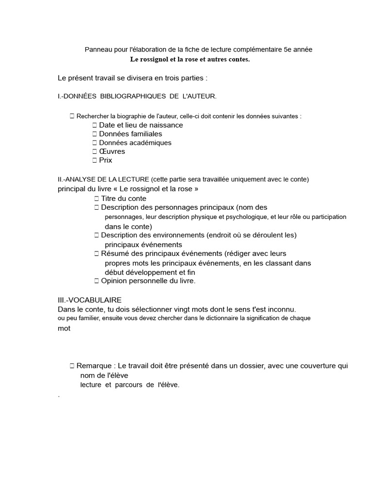 Fiches de lecture pour contes 5e à 8e année | PDF | Dictionnaire