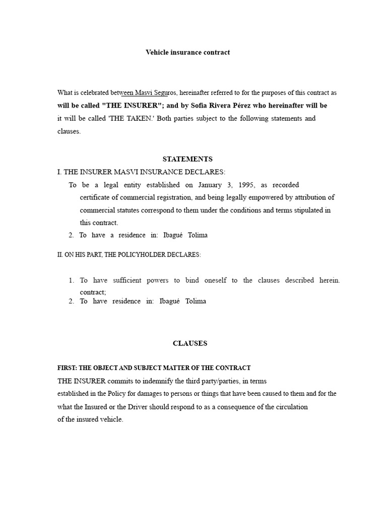 Vehicle Insurance Contract Overview | PDF | Insurance | Justice