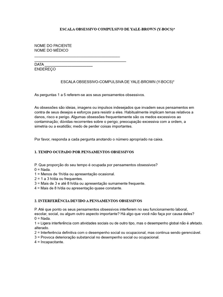 Escala.TOC. Yale Brown | PDF | Transtorno obsessivo compulsivo (TOC) | Psicologia Anormal