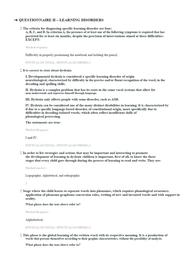 Li Questionnaire – Learning Disorders | PDF | Dyslexia | Learning ...