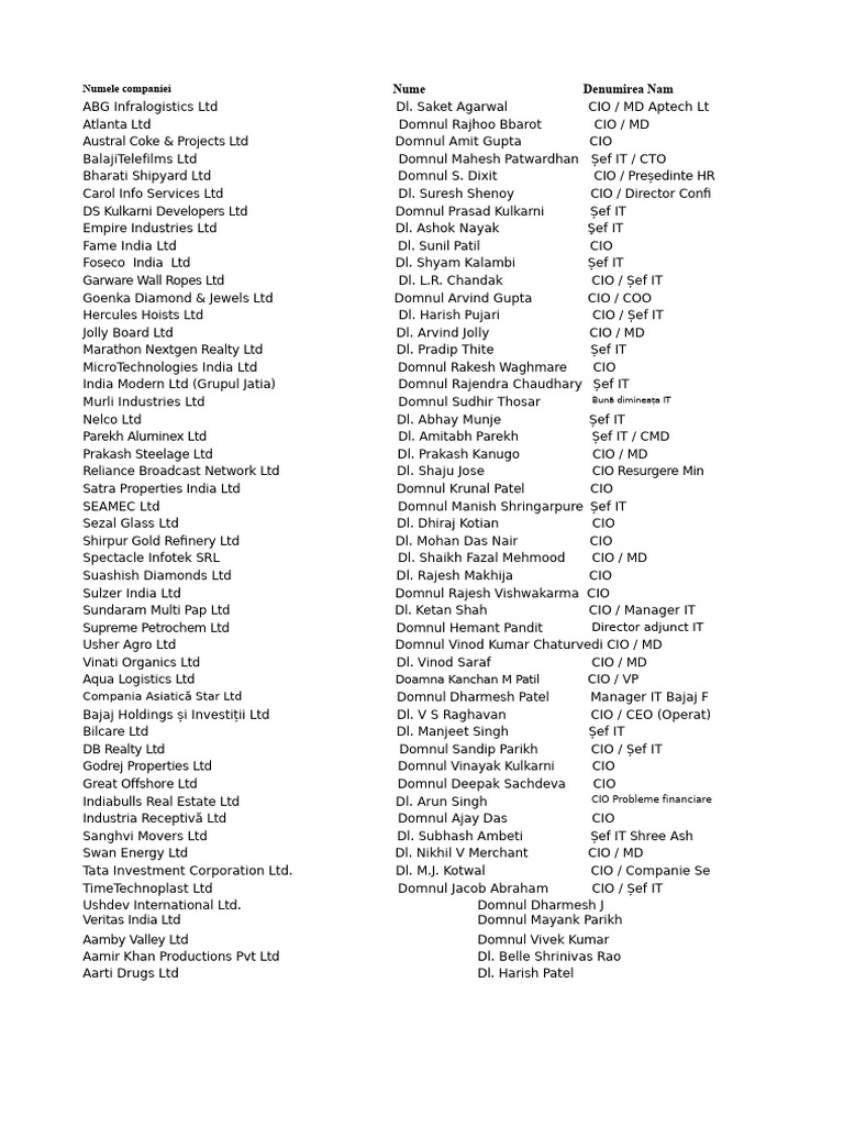 List of CIOs and IT Managers in Companies | PDF