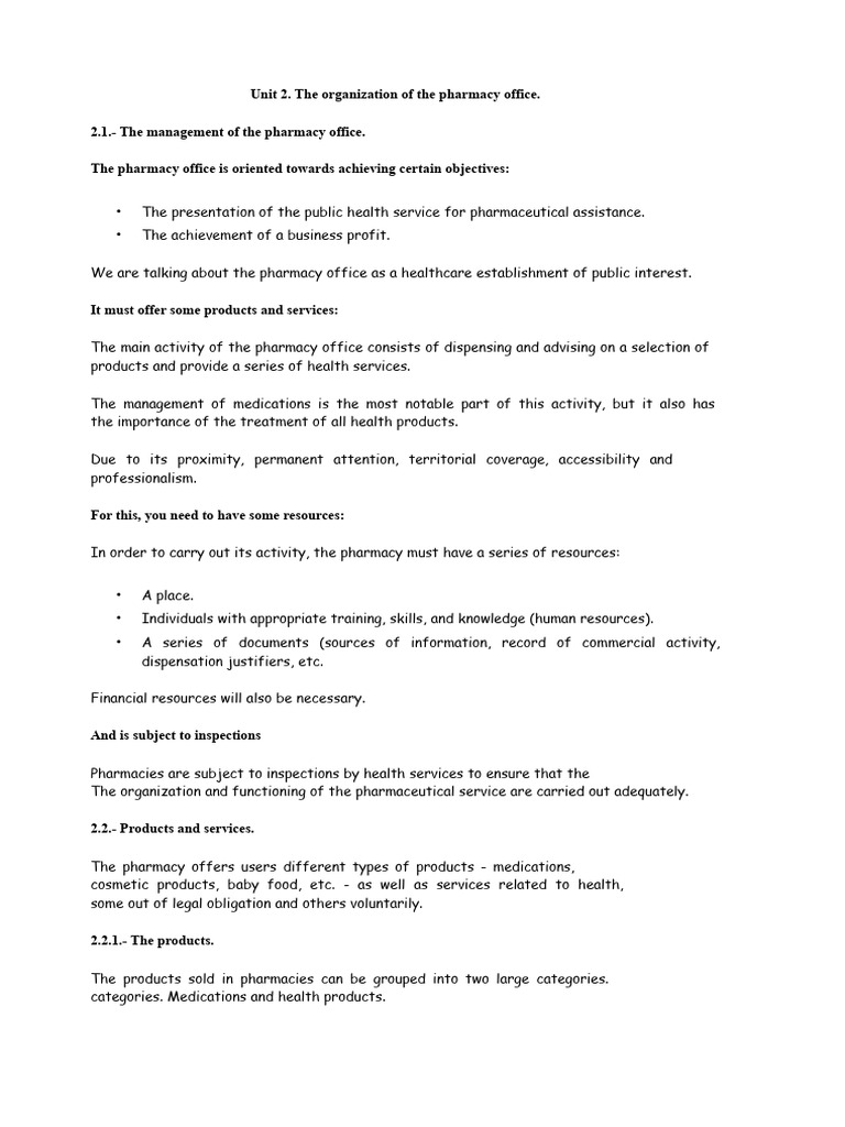 Unit 2. The Organization of The Pharmacy Office | PDF | Medical ...