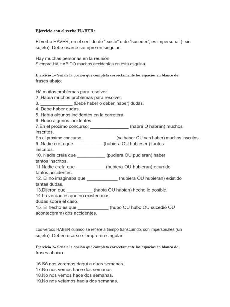 Ejercicio Con El Verbo HABER | PDF