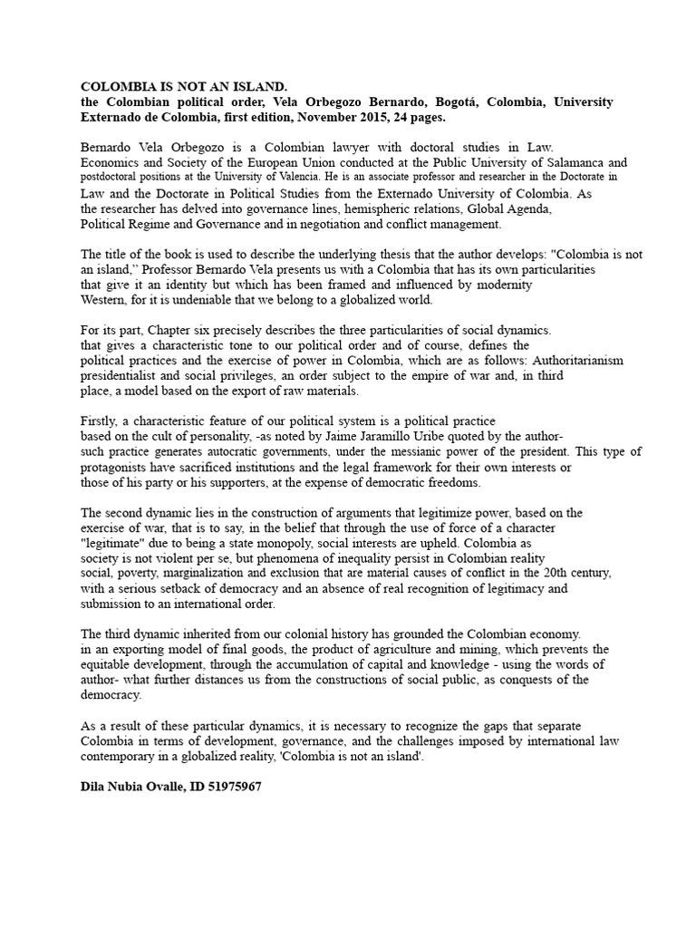 Review Colombia Is Not An Island | PDF | Colombia | Forms Of Government