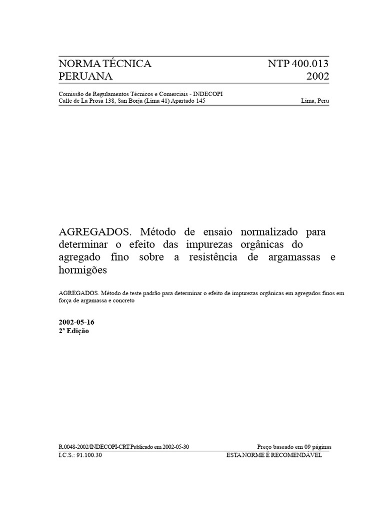 Norma Técnica Peruana 400013 | PDF | Hidróxido de sódio | Cimento