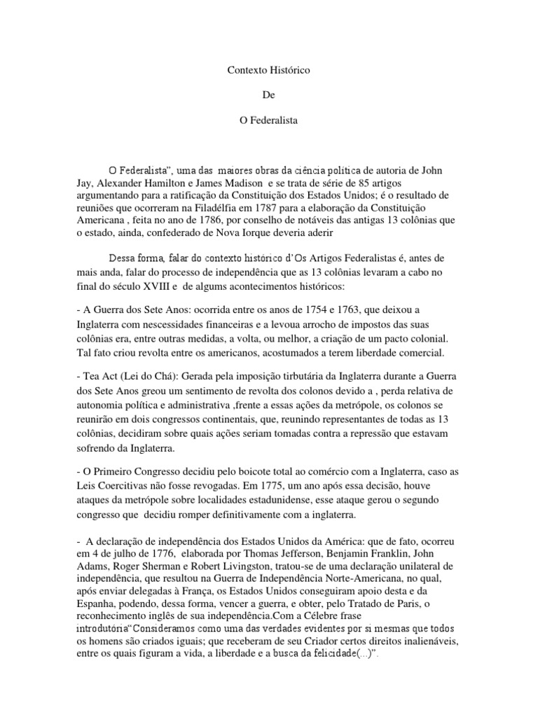 O Federalista - Contexto Histórico | PDF | O Federalista (livro ...