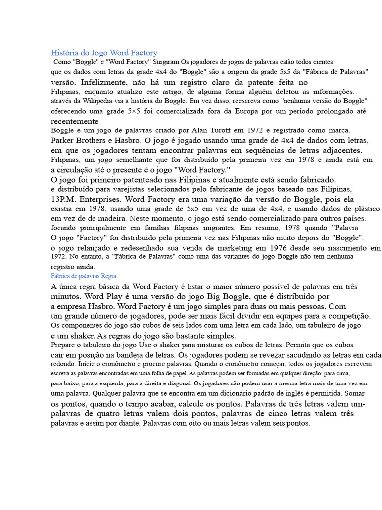 História e Regras do Jogo Word Factory | PDF | Tempo