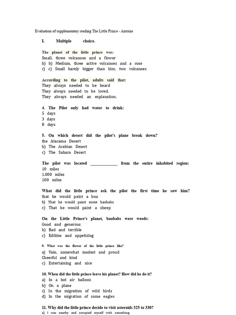 Little Prince Reading Evaluation Quiz | PDF | The Little Prince