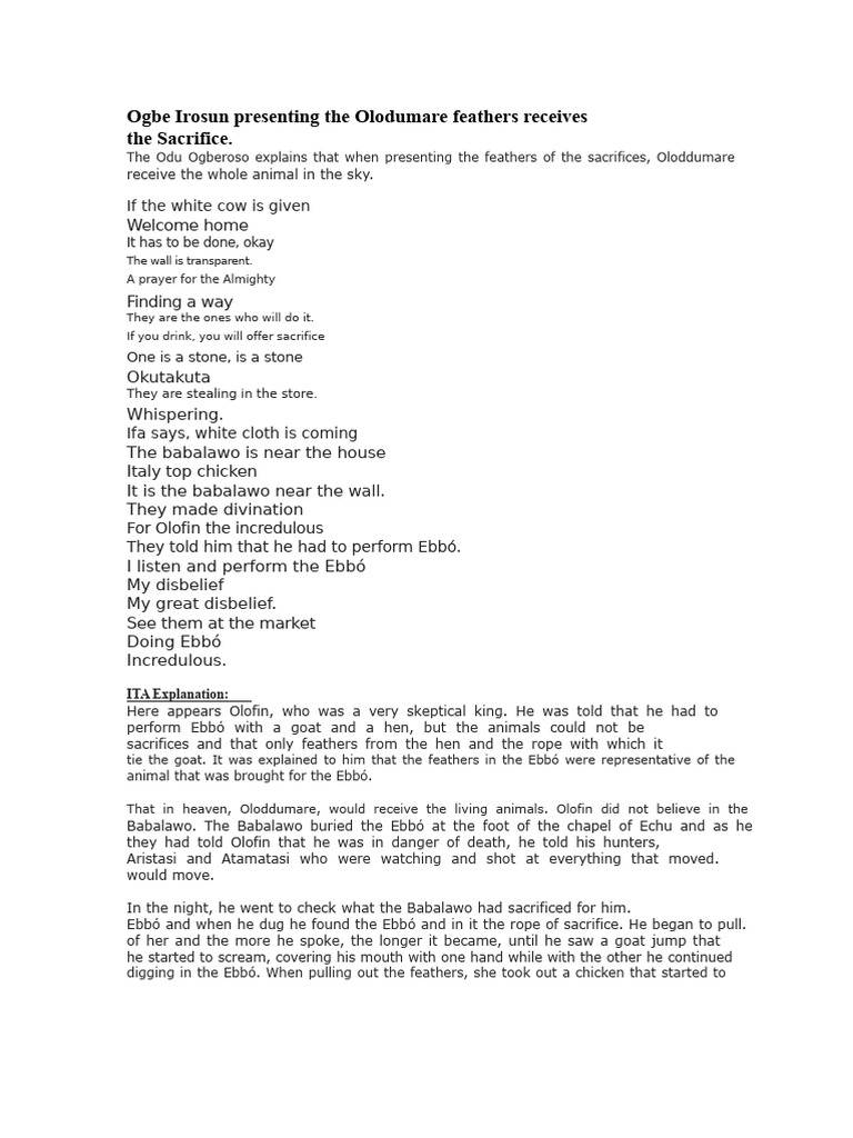 Ogbe Irosun When Presenting The Feathers Olodumare Receives The Sacrifice | PDF | Sacrifice