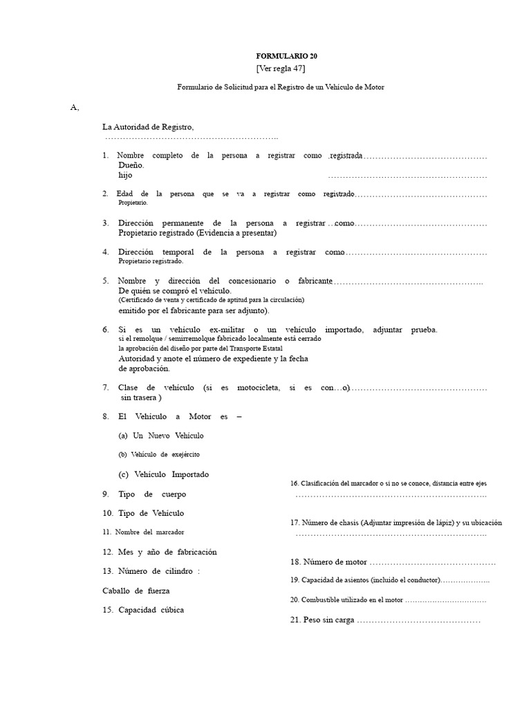 Formulario 20: Registro de Vehículo | PDF | Eje | Vehículo de motor