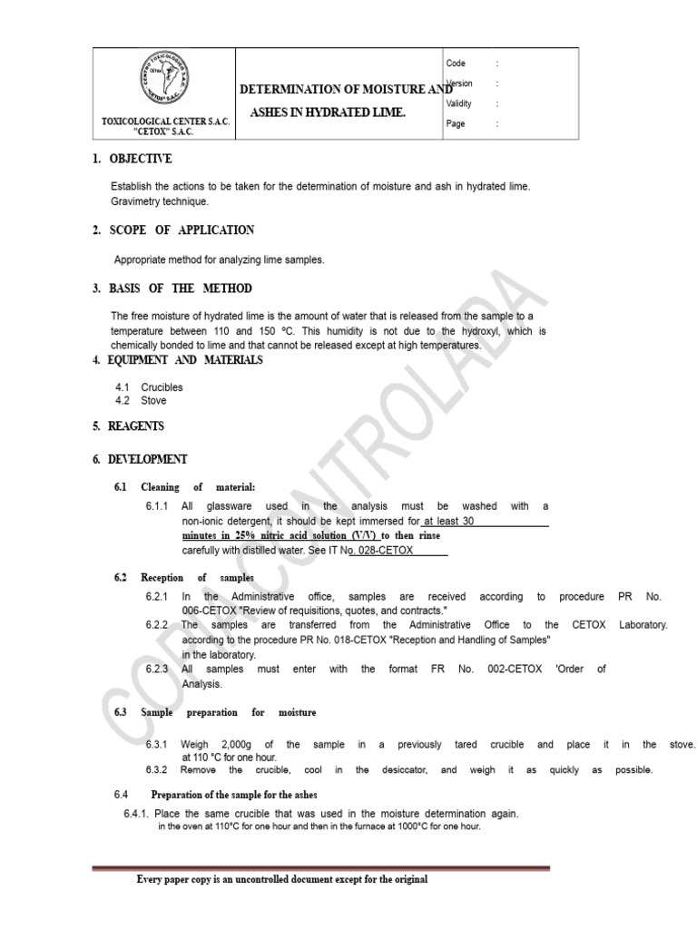 Determination of Moisture and Ash in Hydrated Lime | PDF | Lime (Material)