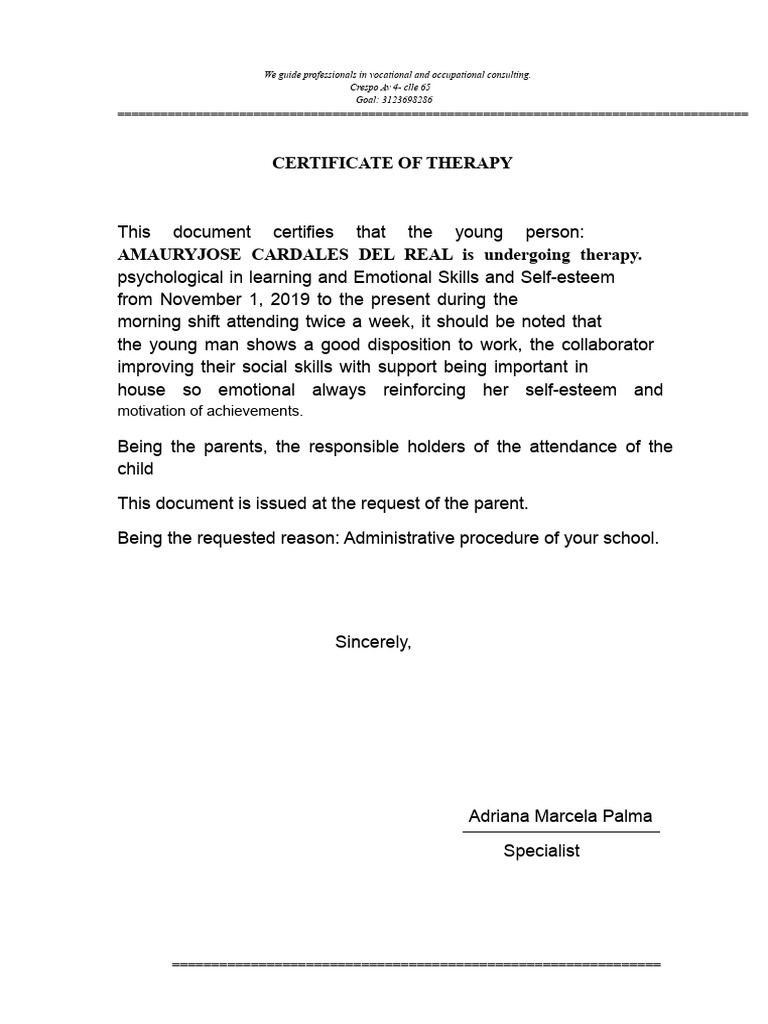 Certificate of Therapy for Amaury Jose | PDF