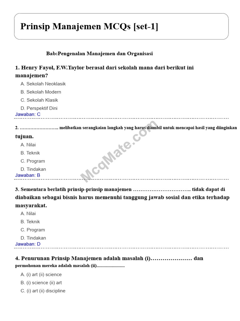 Prinsip Manajemen Soal MCQ Terpecahkan (Set-1-24) | PDF