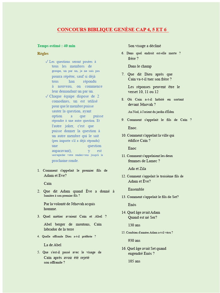 Concours Biblique sur la Genèse 4-6 | PDF