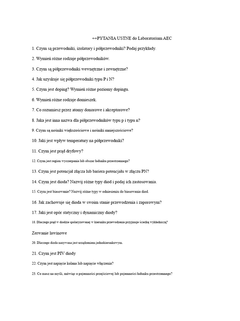 Dla Studentów Pytania Viva Dla Laboratorium AEC | PDF