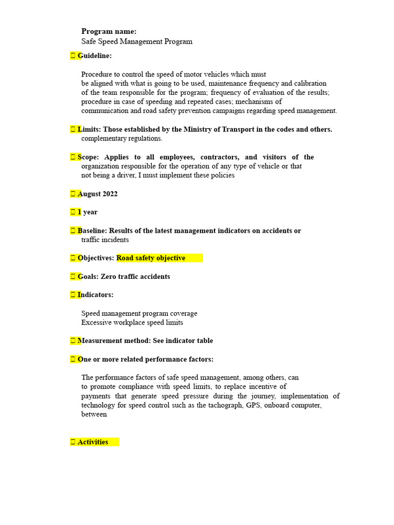 Safe Speed Management Program | PDF