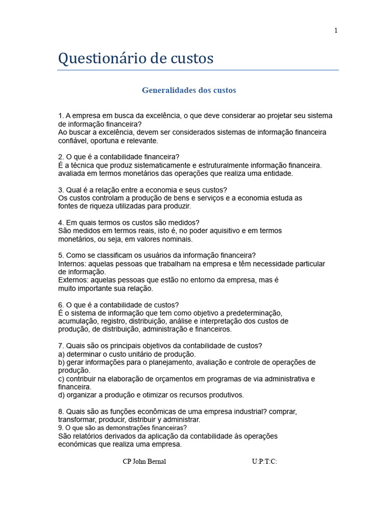 Questionário de Custos | PDF | Despesa | Economia