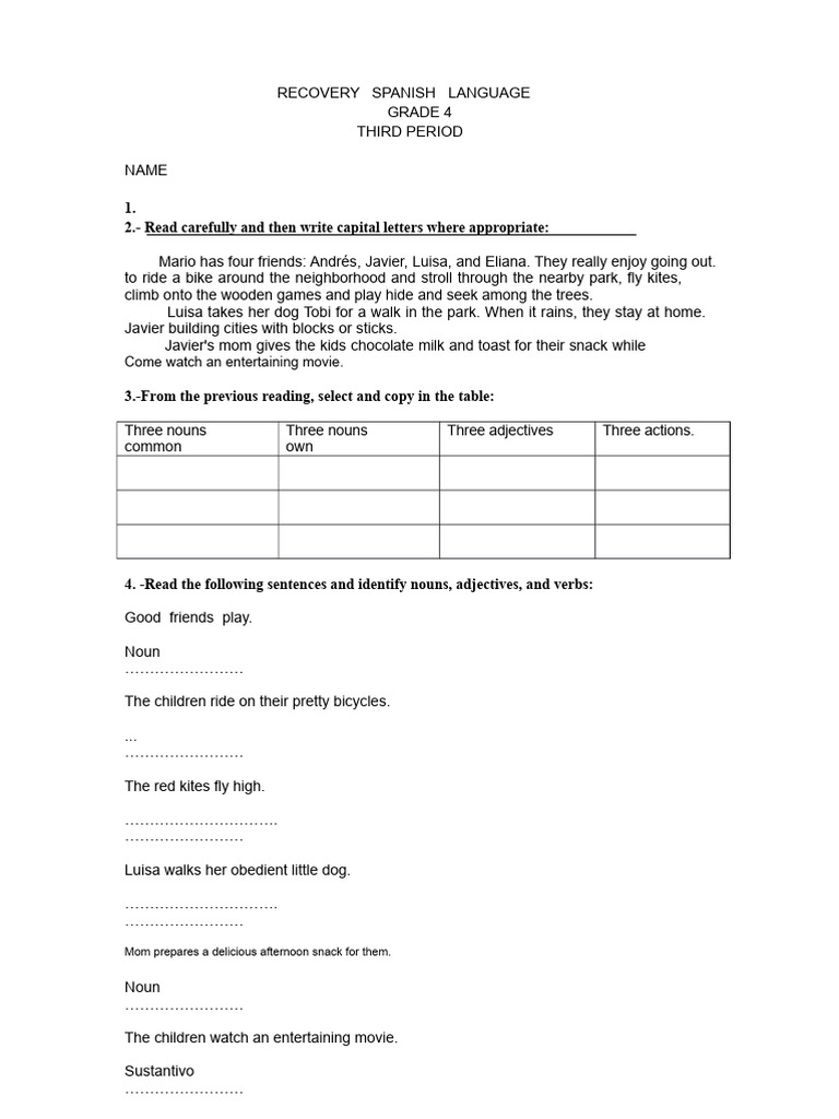 Evaluation Spanish Language Noun, Adjectives and Verbs | PDF | Noun ...