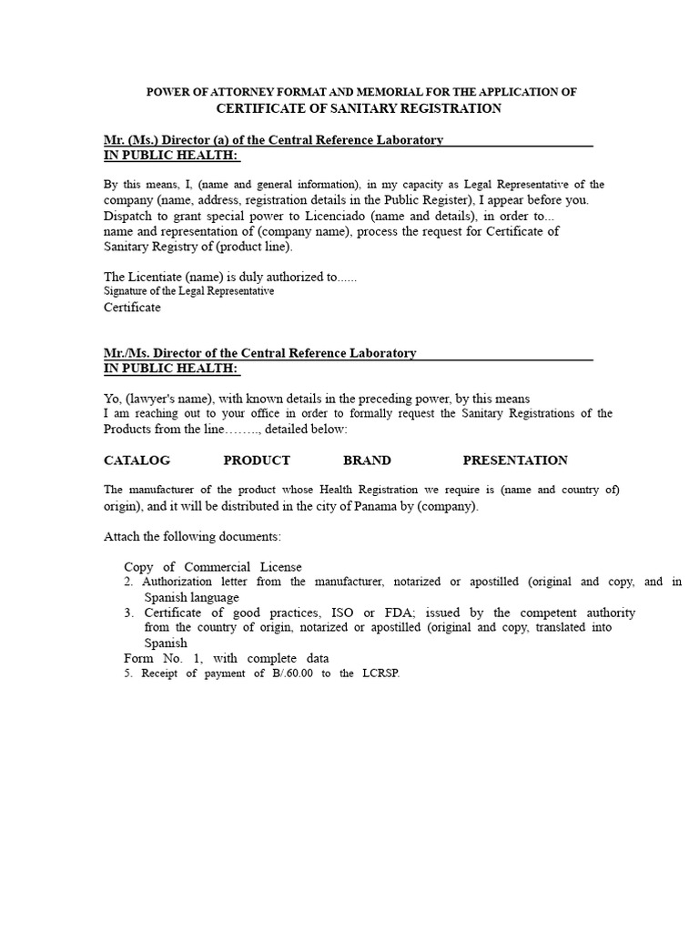 Power of Attorney and Memorandum For Sanitary Registration | PDF
