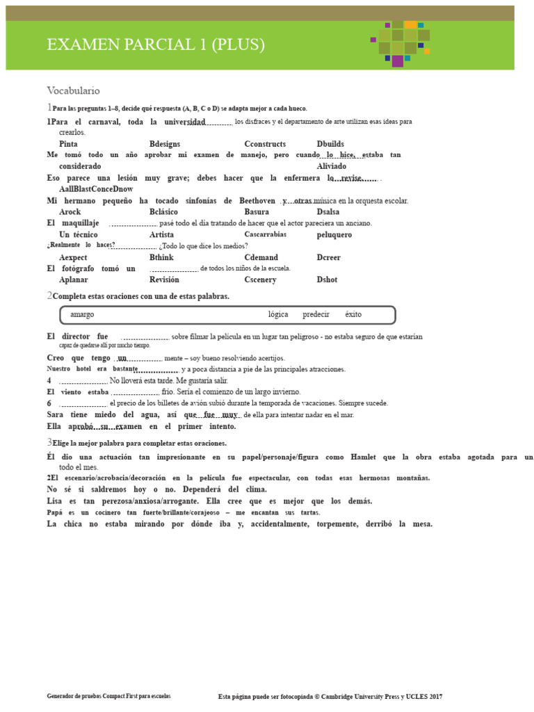 Examen Parcial 1: Gramática y Vocabulario | PDF