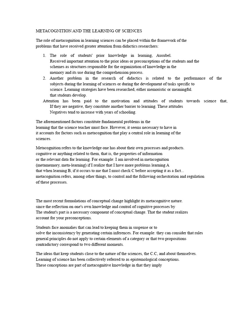 Metacognition and Science Learning | PDF | Metacognition | Knowledge